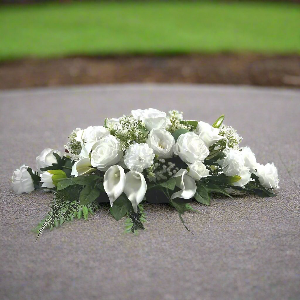 White Artificial Flower Casket Spray Coffin Topper - Claire De Fleurs