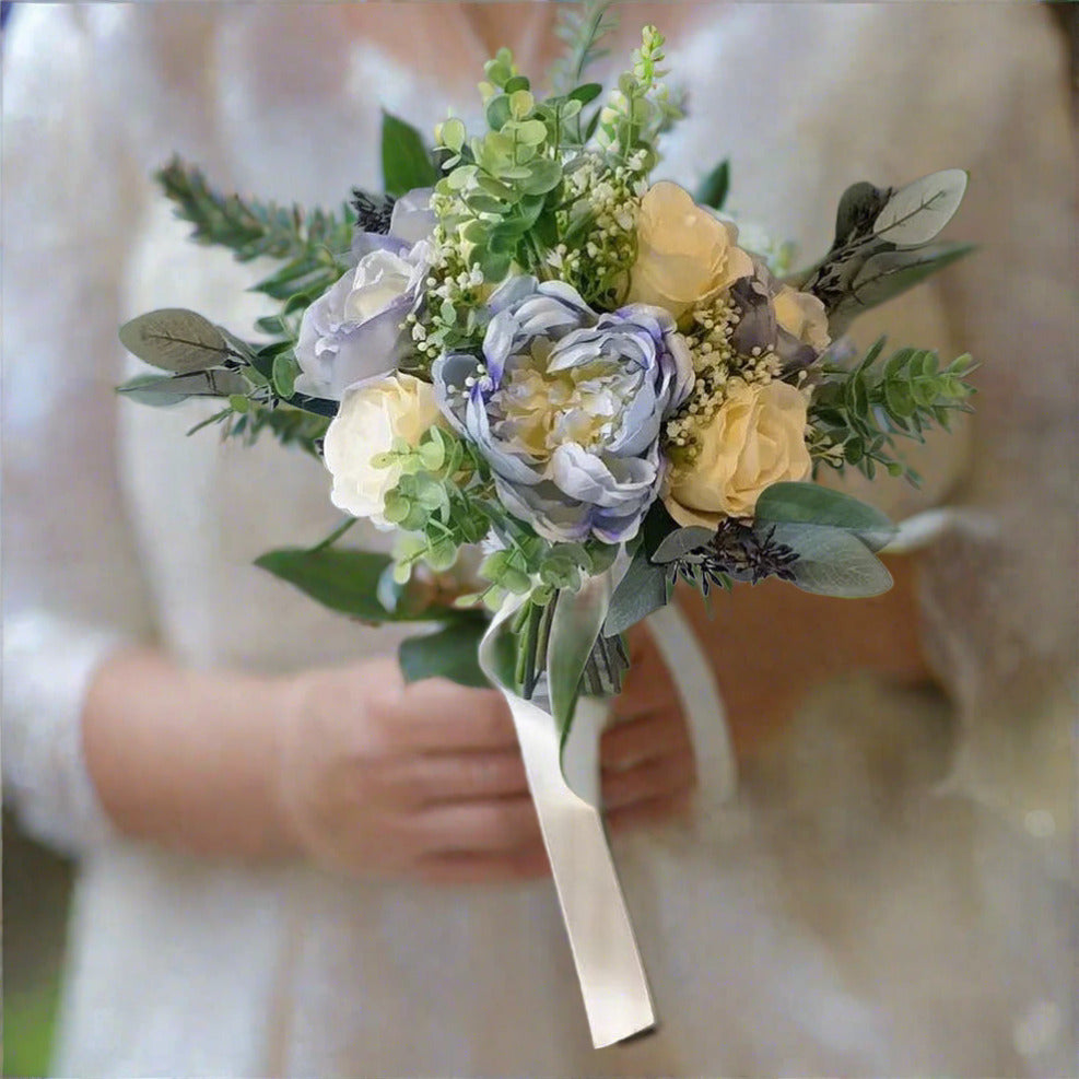 Baby Blue And Cream Rose Bouquet - Claire De Fleurs