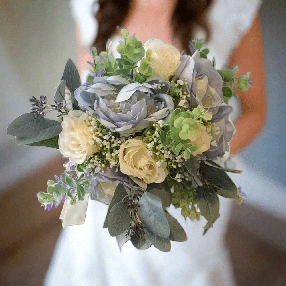 Baby Blue And Cream Rose Bouquet - Claire De Fleurs