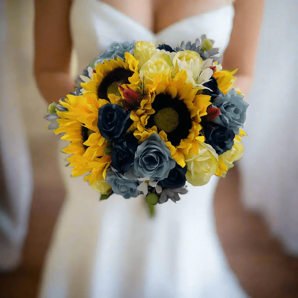 Dusty Blue Rose Sunflower Artificial Bridal Bouquet